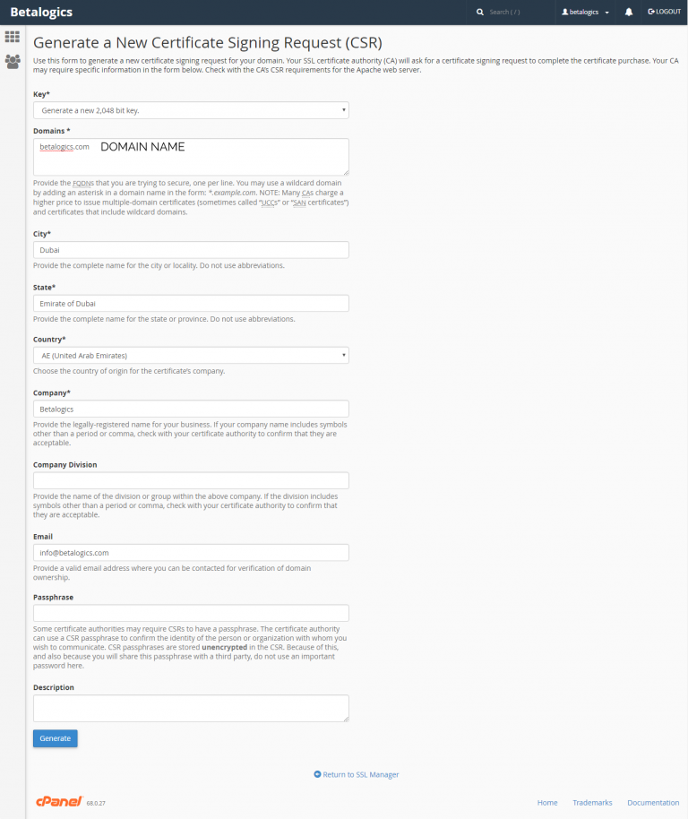 How to generate CSR (Certificate Signing Request) form cPanel - Betalogics