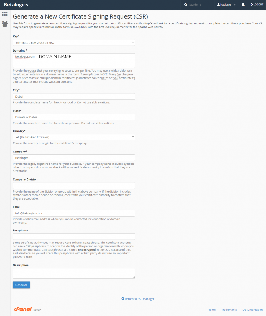 How To Generate Csr Certificate Signing Request Form Cpanel Betalogics